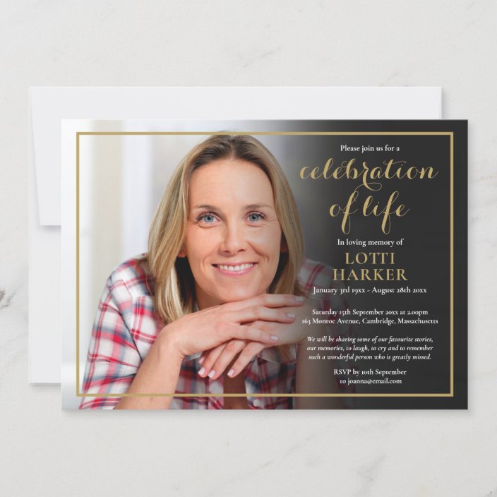 Photo Celebration Of Life Funeral Gold Script Invitation | Zazzle.com
