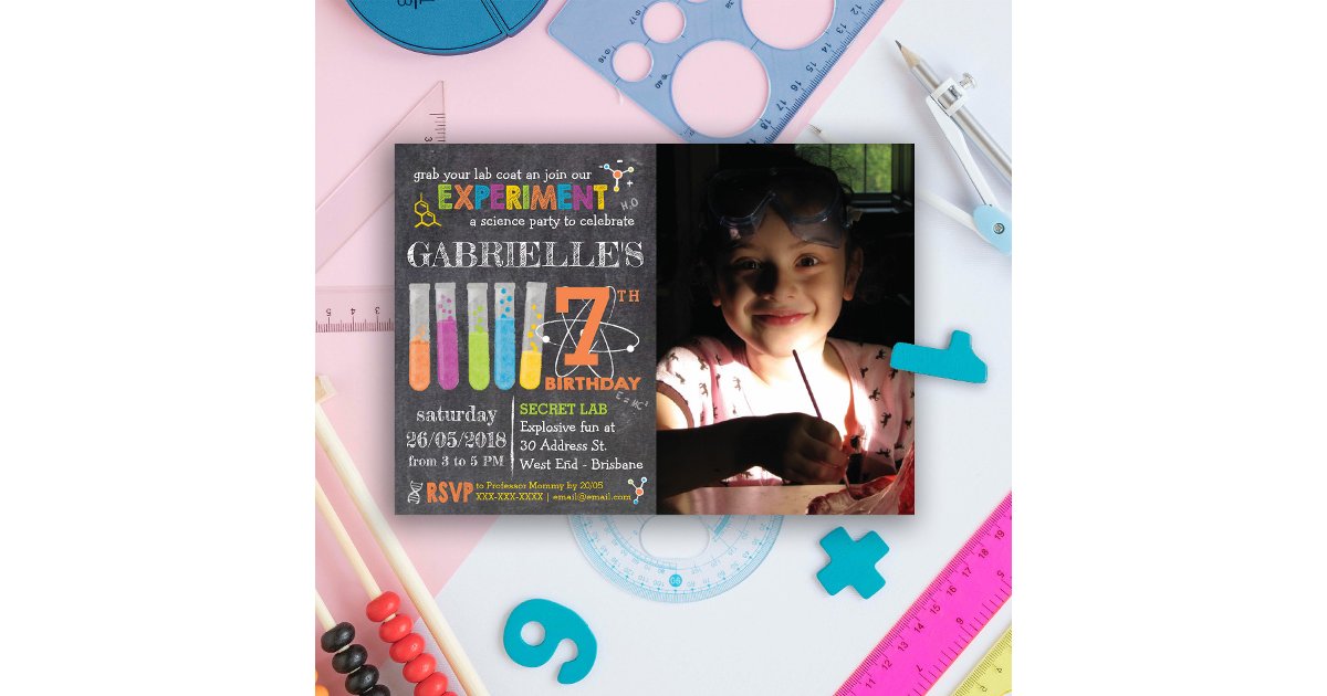 Photo Chalkboard Mad Science Party Birthday Invitation | Zazzle