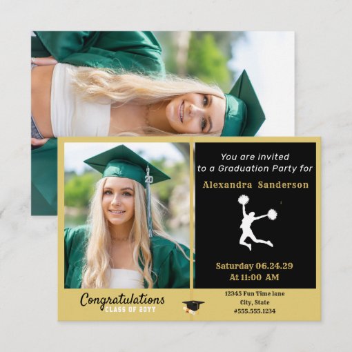 Photo Cheerleader Black Gold Graduation Party Invitation | Zazzle