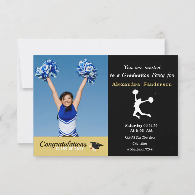 Photo Cheerleader Black Gold graduation party Thank You Card | Zazzle