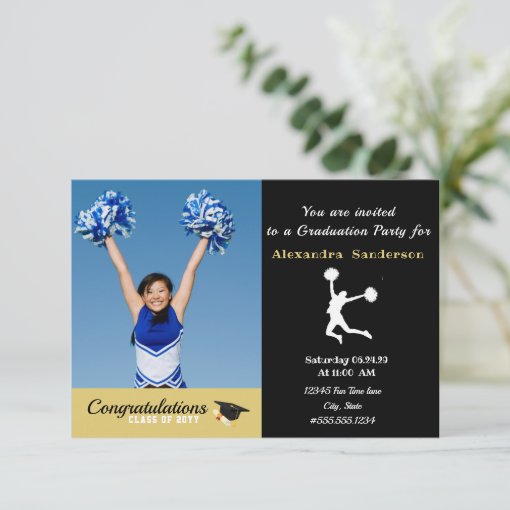 Photo Cheerleader Black Gold graduation party Thank You Card | Zazzle