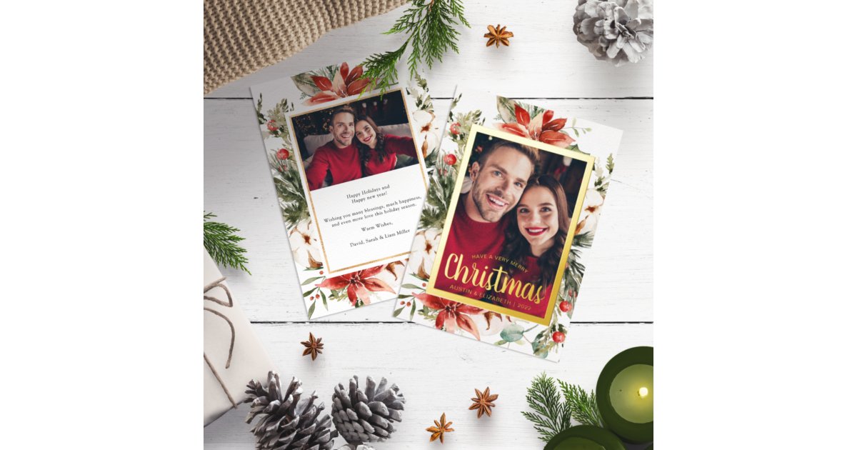 Photo Christmas Script Foil Holiday Card | Zazzle