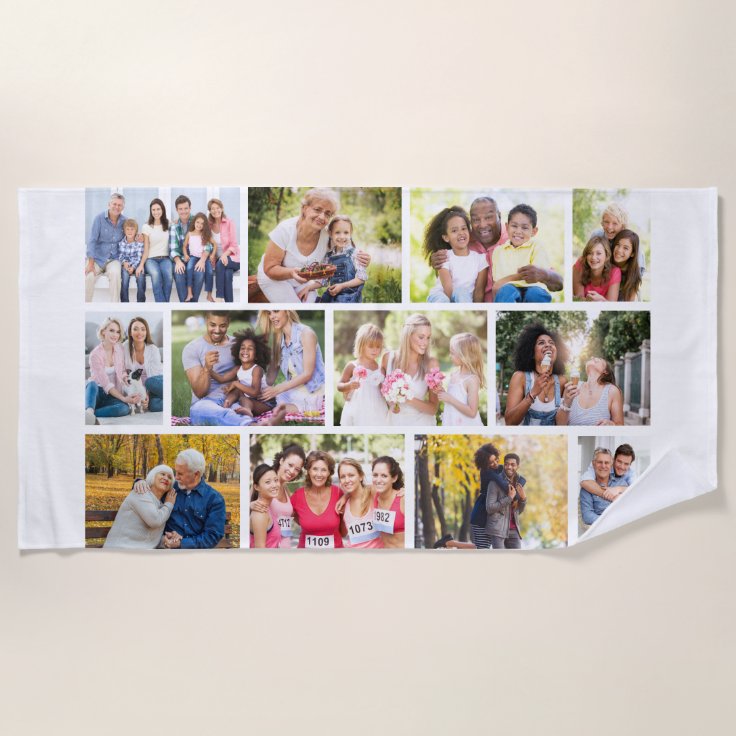 Photo Collage 12 Picture Masonry Grid White Beach Towel | Zazzle