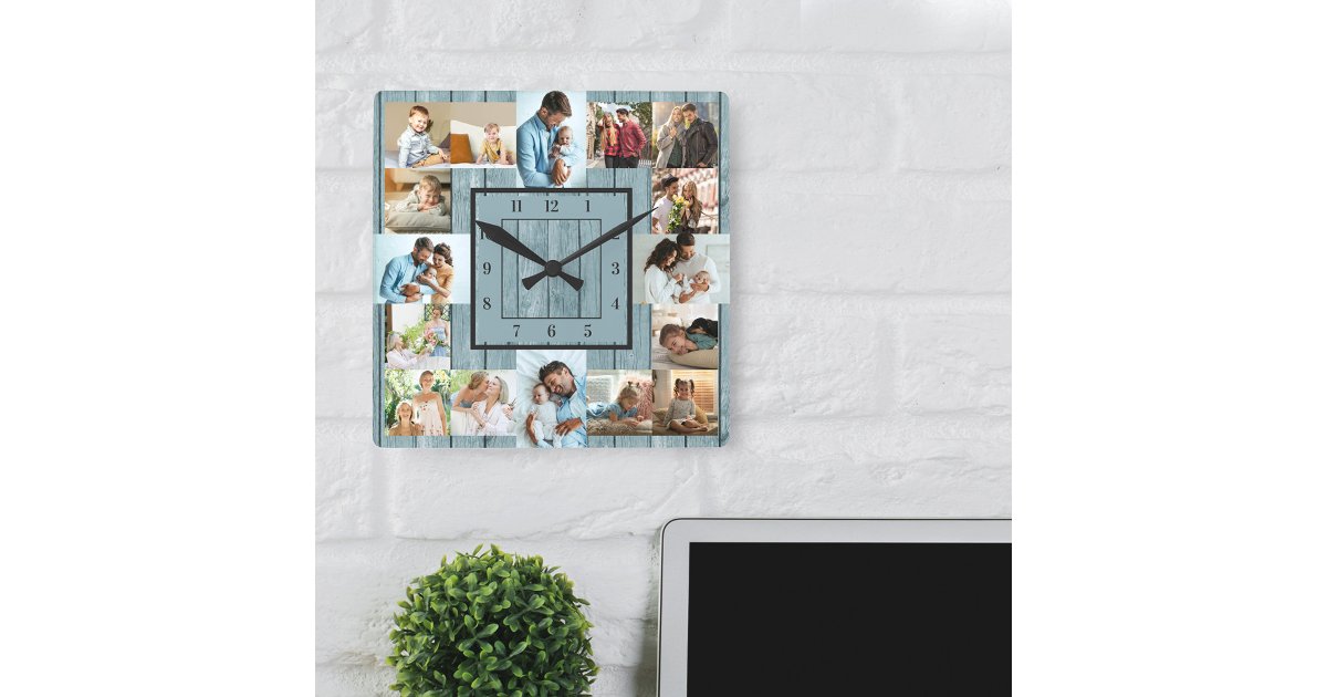 Photo Collage 16 Picture Coastal Blue Wood Square Wall Clock | Zazzle