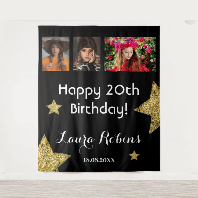 Photo Collage 20th Birthday Party Gold Backdrop | Zazzle