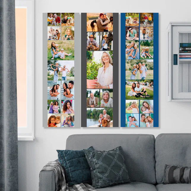 Photo Collage 31 Picture Stylish Grey Blue Triptych | Zazzle