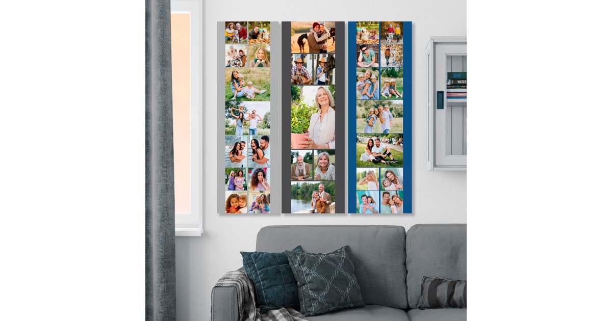 Photo Collage 31 Picture Stylish Grey Blue Triptych | Zazzle