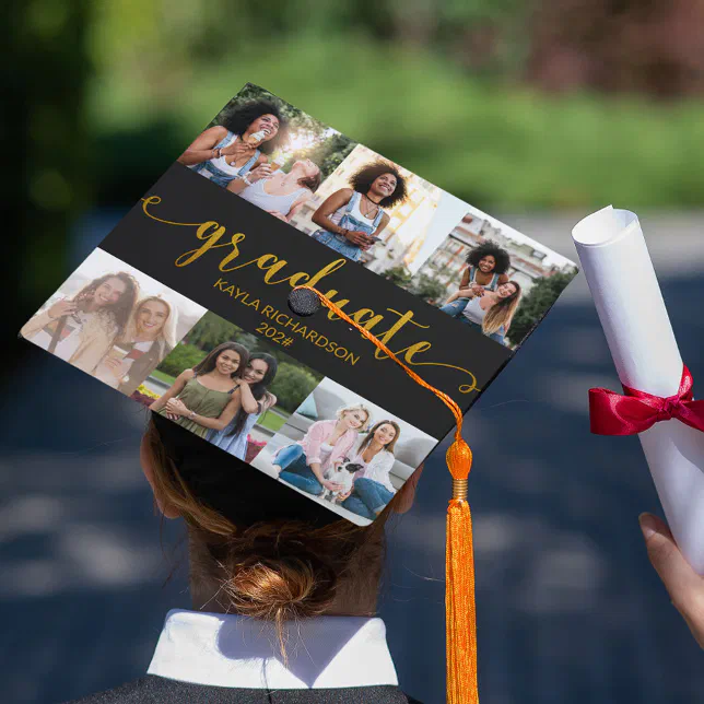 Photo Collage 6 Picture Gold Graduate Graduation Cap Topper | Zazzle