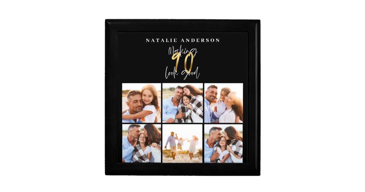 Photo collage black and gold 90th birthday gift box | Zazzle