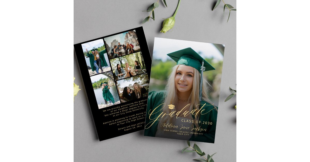 Photo collage black gold class of 2025 graduation announcement | Zazzle