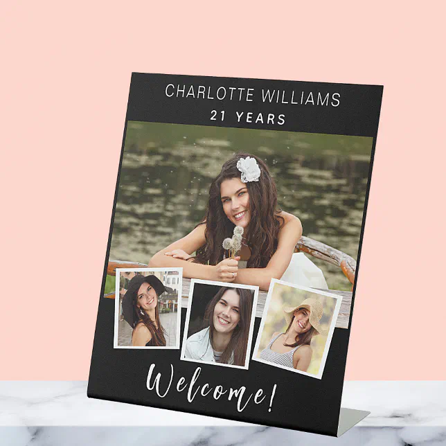 Photo collage black white birthday party welcome pedestal sign | Zazzle