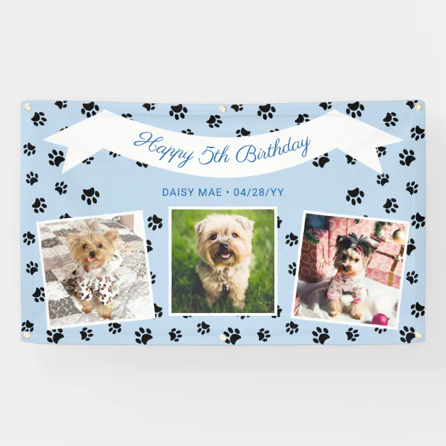 Photo Collage Blue Black Paw Prints Pet Birthday Banner | Zazzle