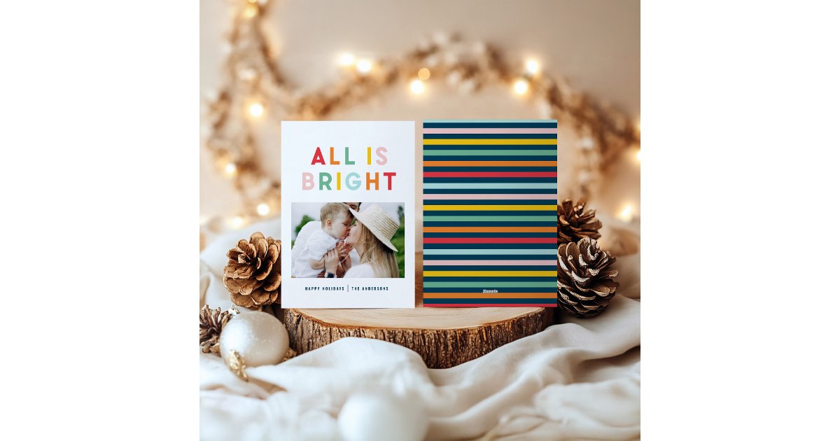 Photo collage christmas rainbow colorful bright ho holiday card | Zazzle