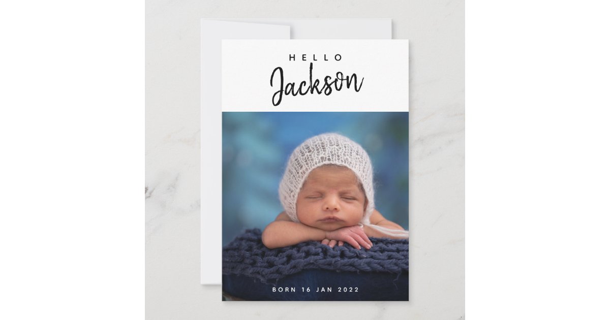 Photo Collage Custom Baby Boy Script Birth Announcement | Zazzle