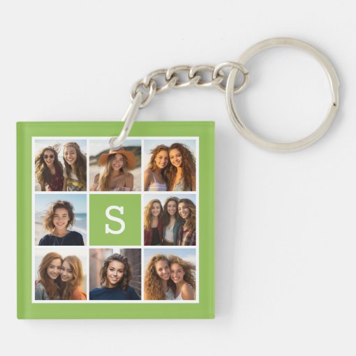 Photo Collage Custom Monogram - Lime Green Keychain | Zazzle