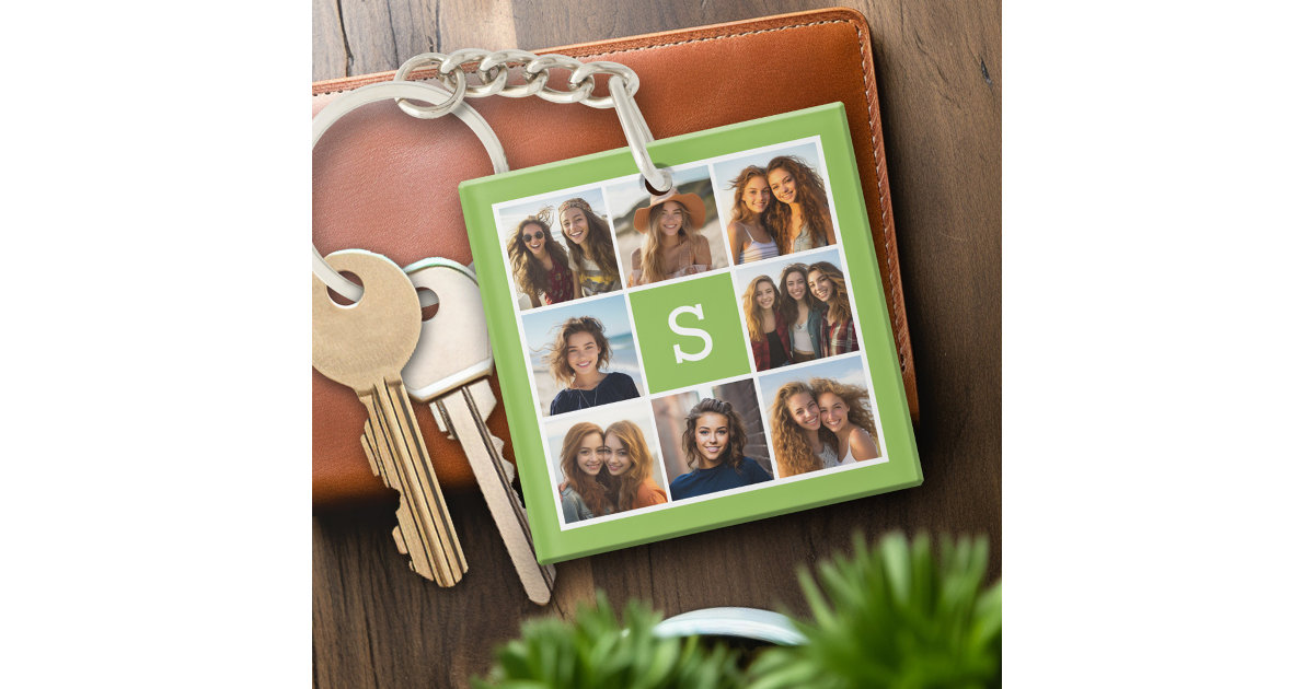 Photo Collage Custom Monogram - Lime Green Keychain | Zazzle