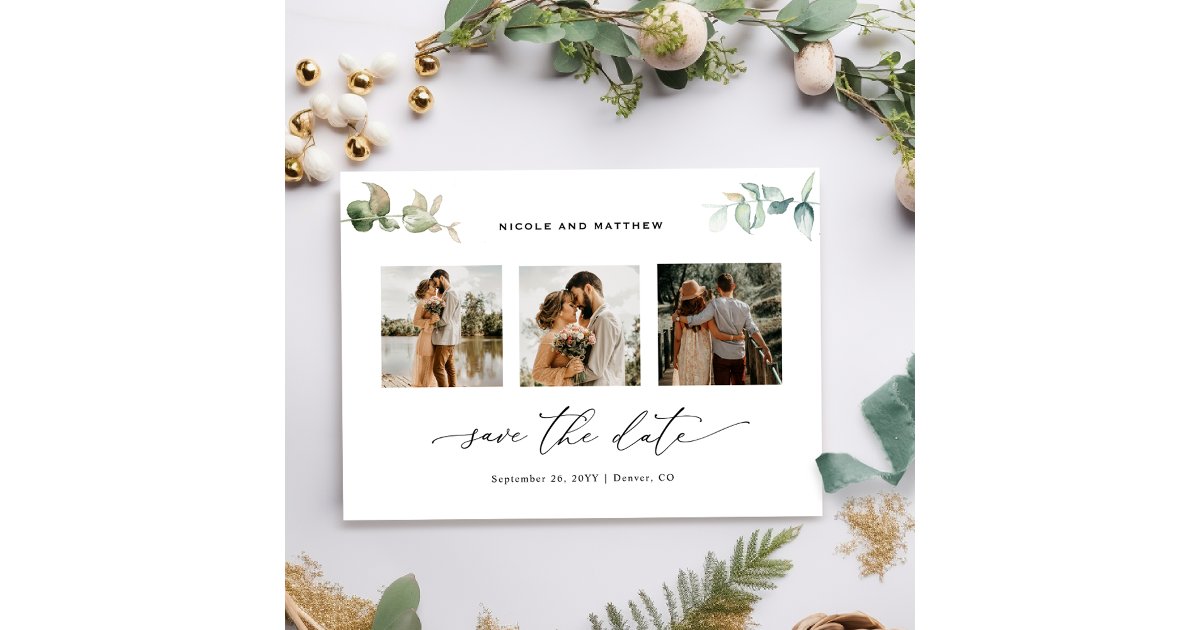 Photo Collage Elegant Greenery Wedding Save The Date | Zazzle