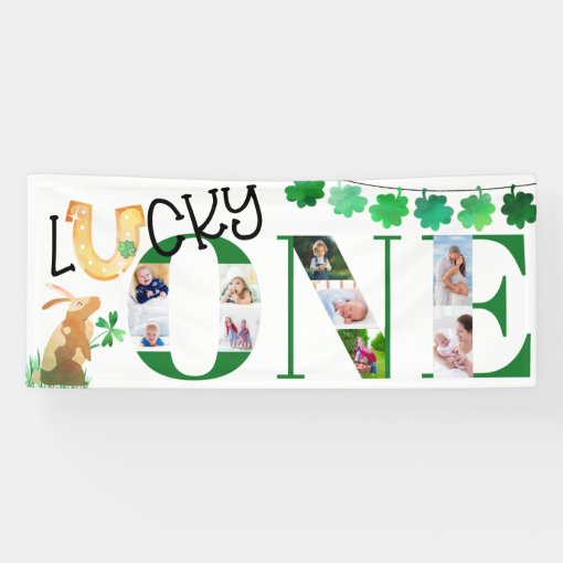 Photo Collage First Birthday Lucky One Party Banner | Zazzle