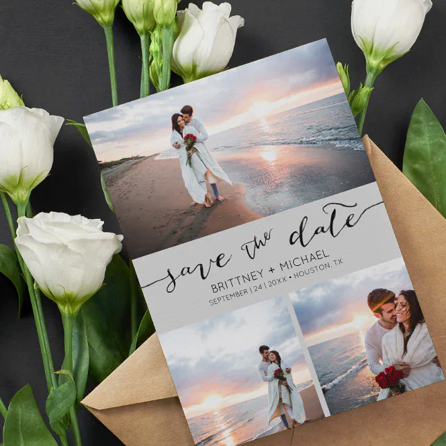 Photo Collage Handwritten Grey Save the Date Announcement | Zazzle
