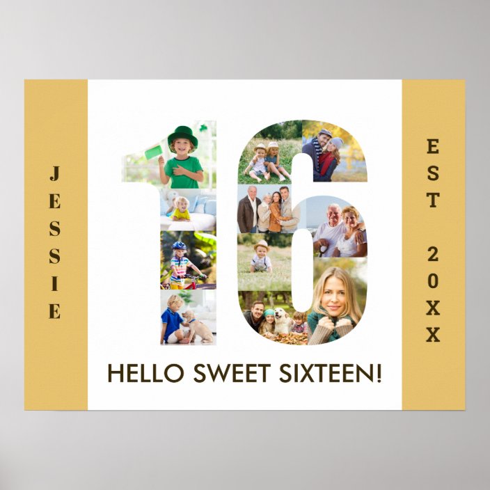 Photo Collage in Number 16 Neutral 16th Birthday Poster | Zazzle.com