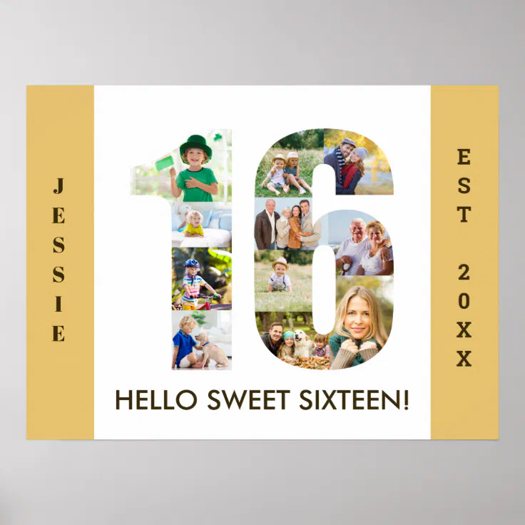 Photo Collage in Number 16 Neutral 16th Birthday Poster | Zazzle
