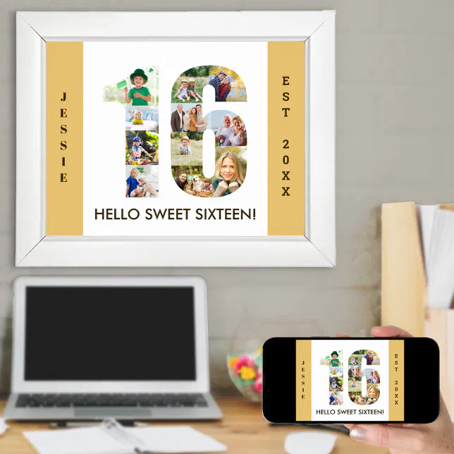 Photo Collage in Number 16 Neutral 16th Birthday Poster | Zazzle