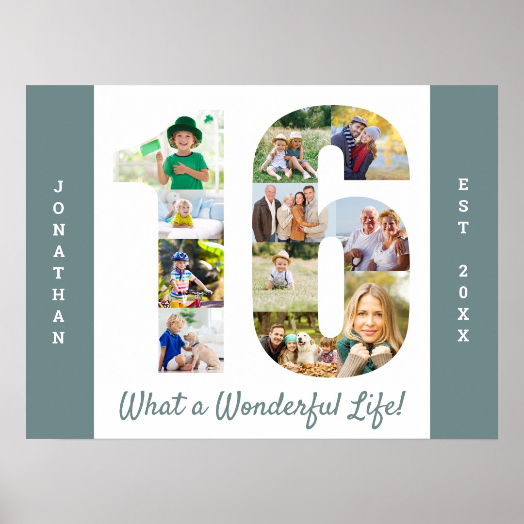 Photo Collage in Number 16 Shape for 16th Birthday Poster | Zazzle