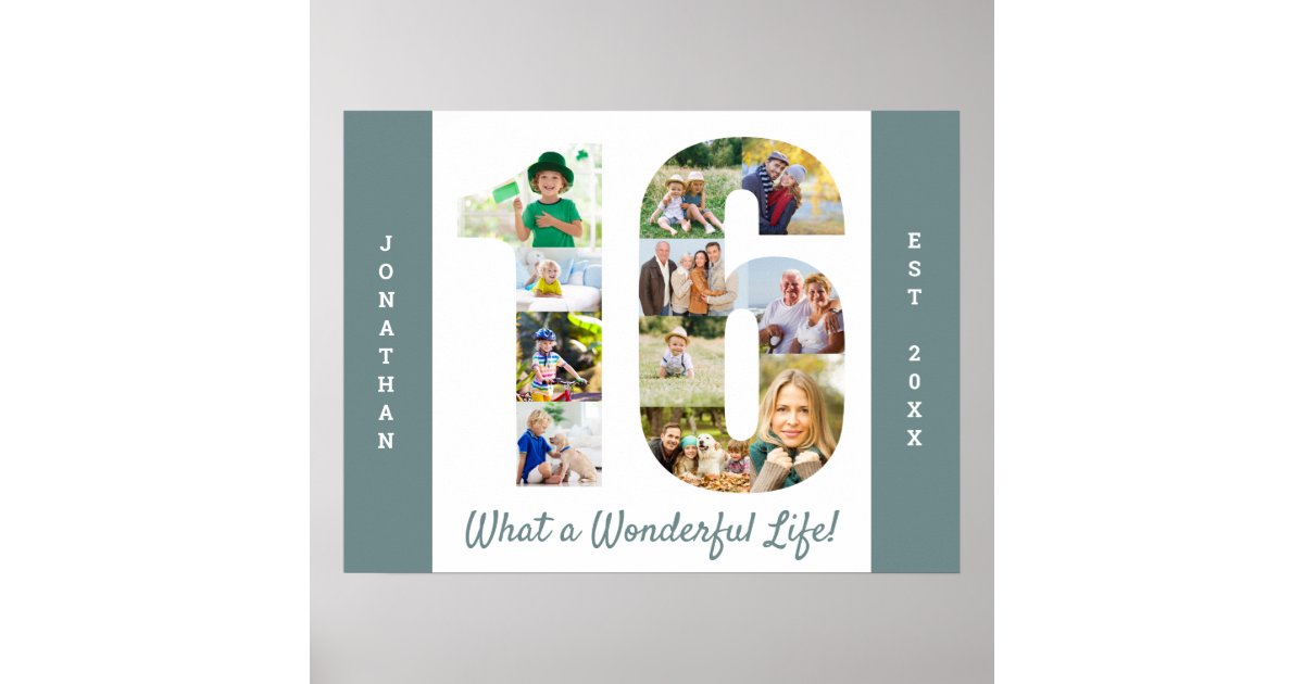 Photo Collage in Number 16 Shape for 16th Birthday Poster | Zazzle