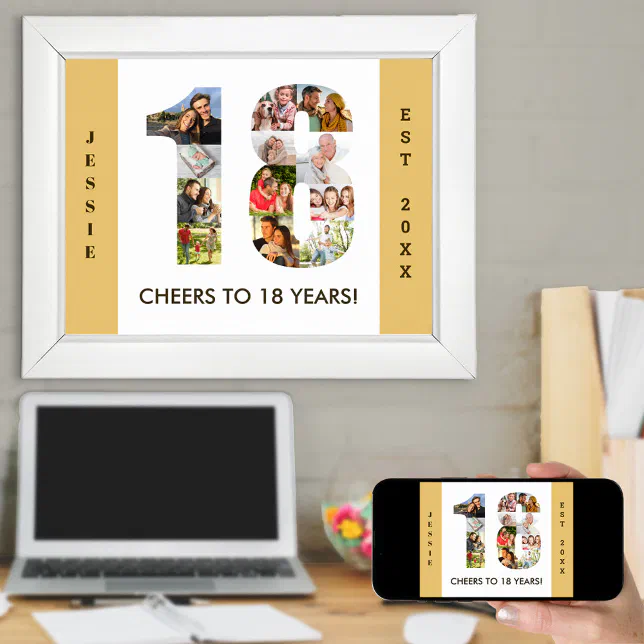 Photo Collage in Number 18 Neutral 18th Birthday Poster | Zazzle