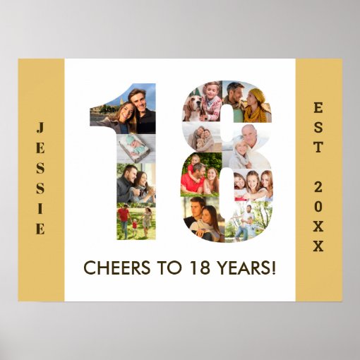 Photo Collage in Number 18 Neutral 18th Birthday Poster | Zazzle