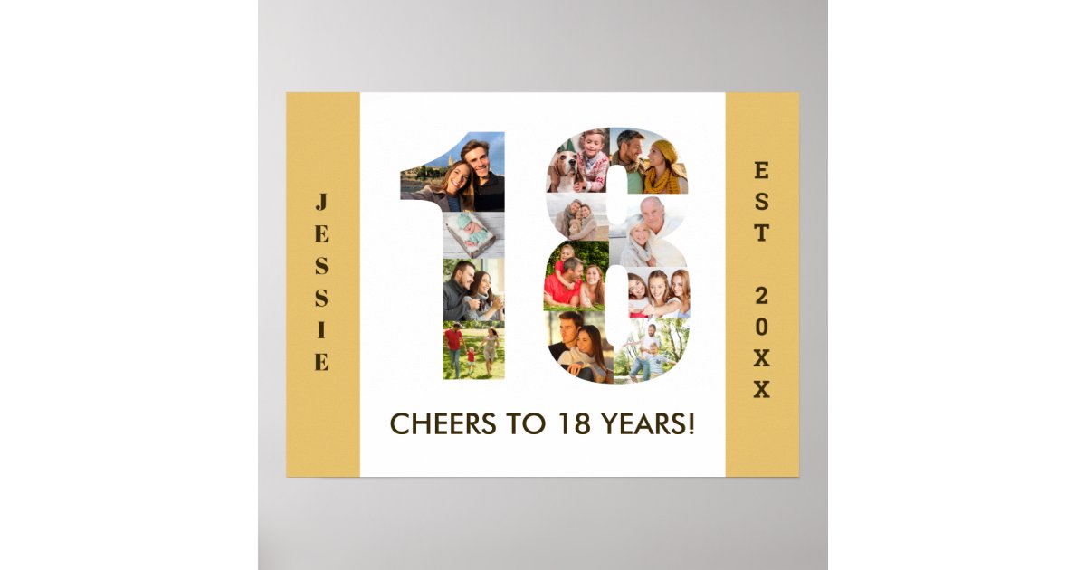 Photo Collage in Number 18 Neutral 18th Birthday Poster | Zazzle