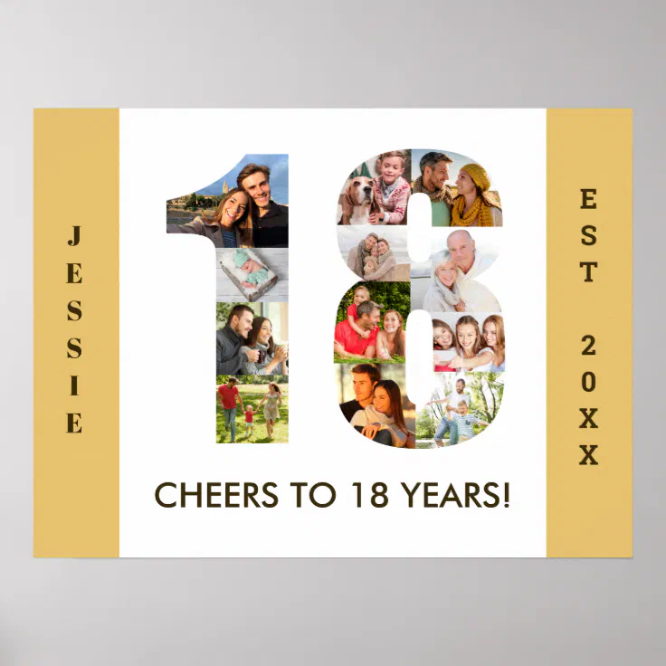 Photo Collage in Number 18 Neutral 18th Birthday Poster | Zazzle