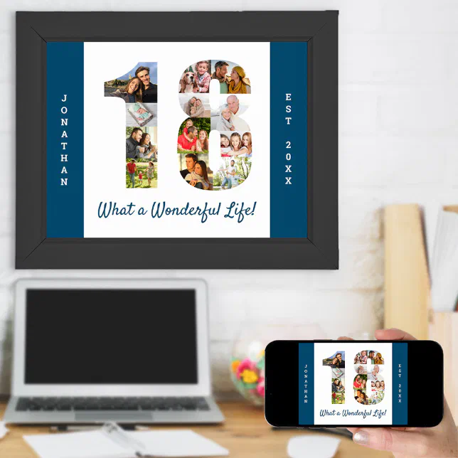 Photo Collage in Number 18 Shape for 18th Birthday Poster | Zazzle