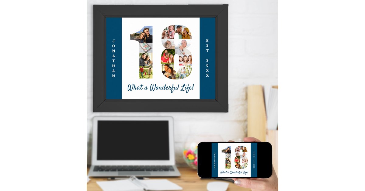 Photo Collage in Number 18 Shape for 18th Birthday Poster | Zazzle