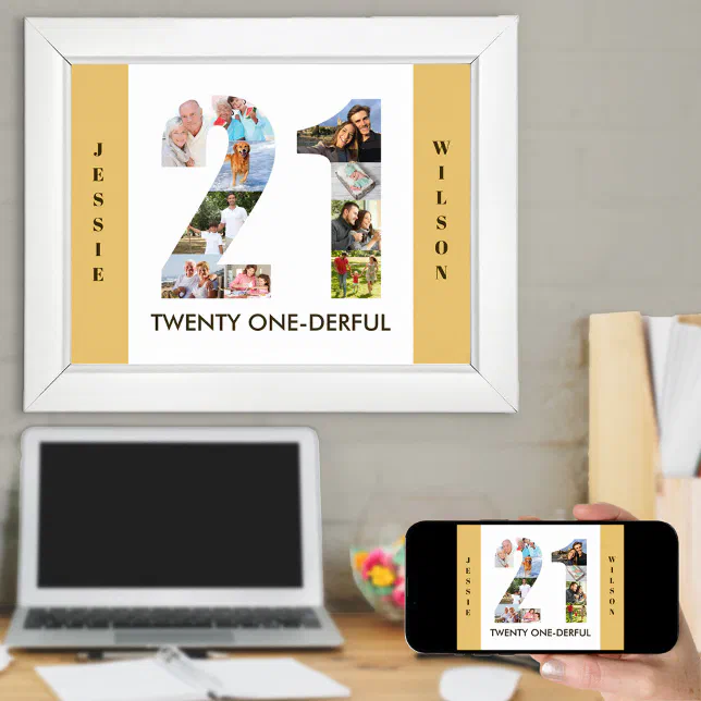 Photo Collage in Number 21 Neutral 21st Birthday Poster | Zazzle