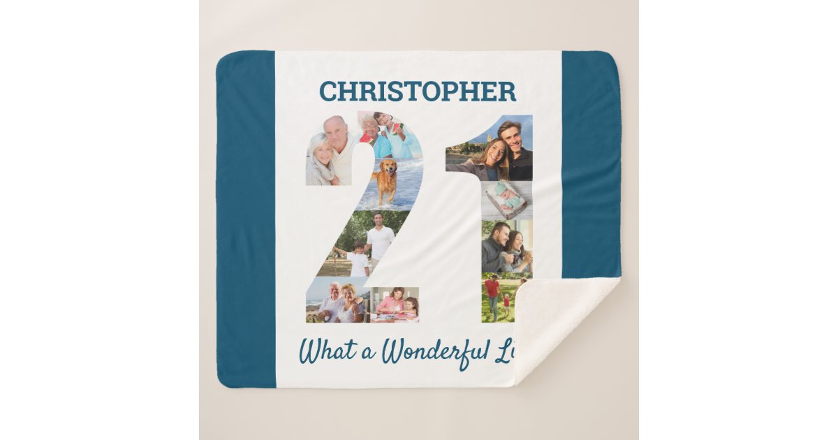 Photo Collage in Number 21 Shape for 21st Birthday Sherpa Blanket ...