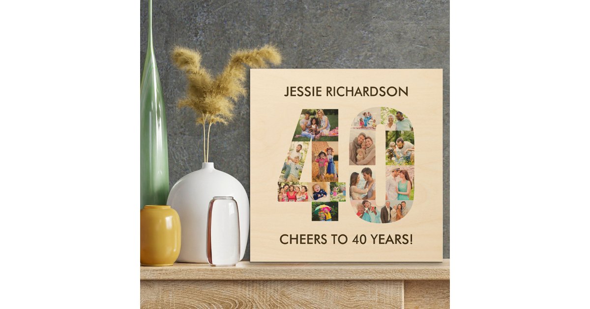 Photo Collage in Number 40 - Cheers to 40 Years Wood Wall Art | Zazzle