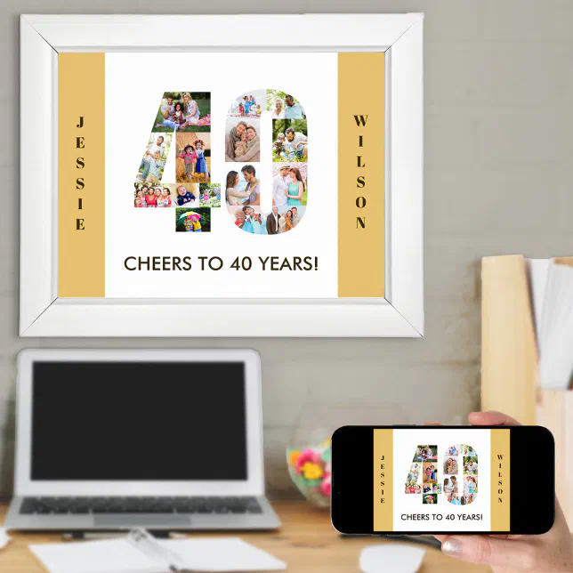 Photo Collage in Number 40 Neutral 40th Birthday Poster | Zazzle