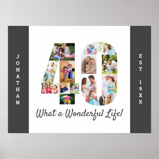 Photo Collage in Number 40 Shape for 40th Birthday Poster | Zazzle