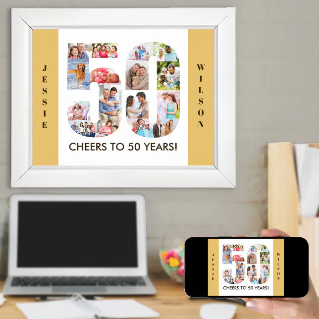 Photo Collage in Number 50 Neutral 50th Birthday Poster | Zazzle
