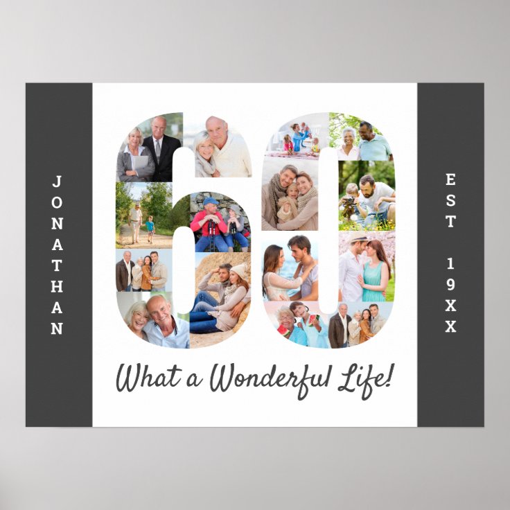 Photo Collage in Number 60 Shape for 60th Birthday Poster | Zazzle