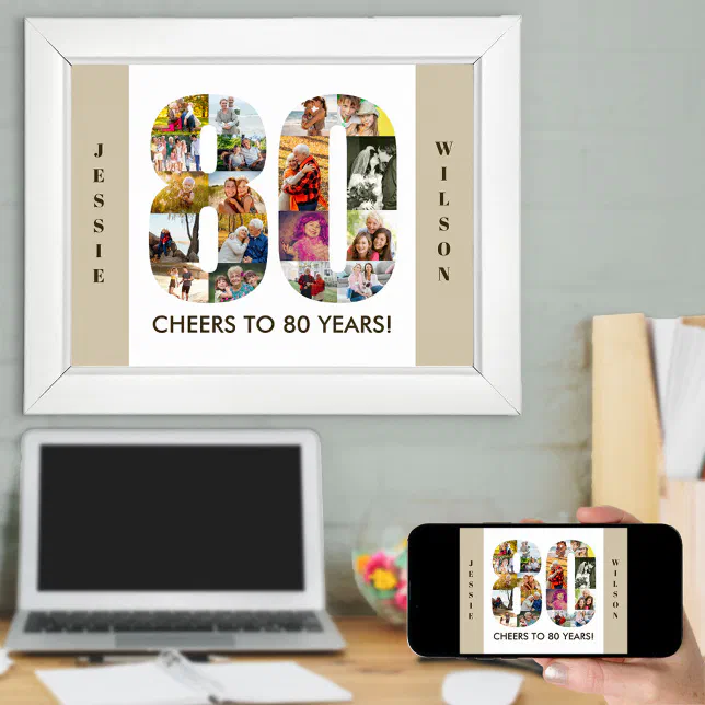 Photo Collage in Number 80 Neutral 80th Birthday Poster | Zazzle