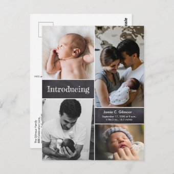 Photo Collage Introducing Baby Birth Postcard | Zazzle