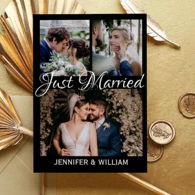Photo Collage Just Married Wedding Announcement | Zazzle