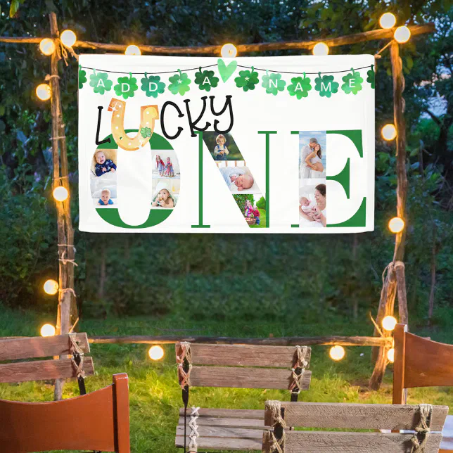 Photo Collage Lucky One Custom 1st Birthday Party Banner | Zazzle