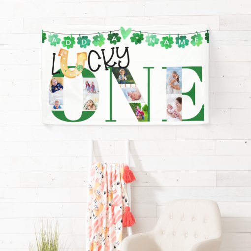 Photo Collage Lucky One Custom 1st Birthday Party Banner | Zazzle