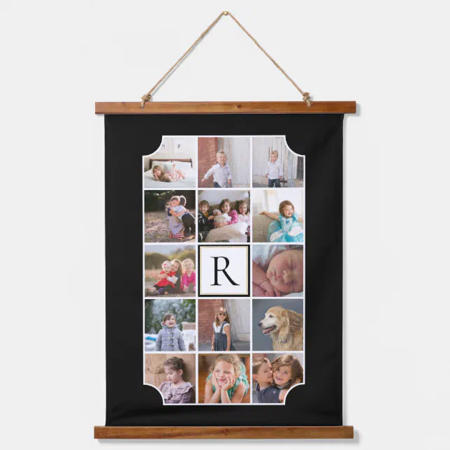 Photo collage monogram curved corners black hanging tapestry | Zazzle