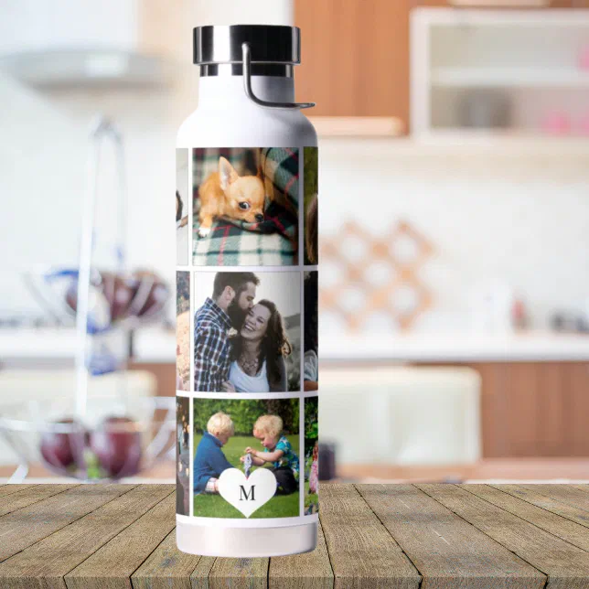Photo collage monogram personalized modern water bottle | Zazzle