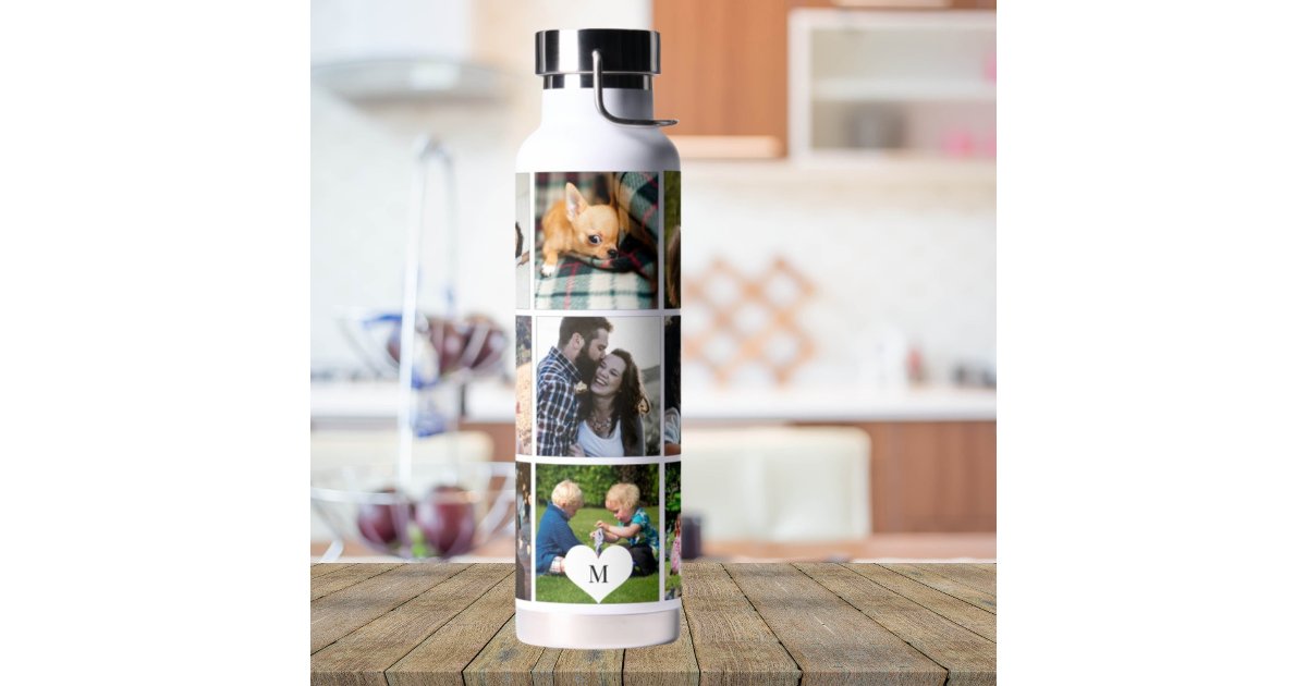 Photo collage monogram personalized modern water bottle | Zazzle