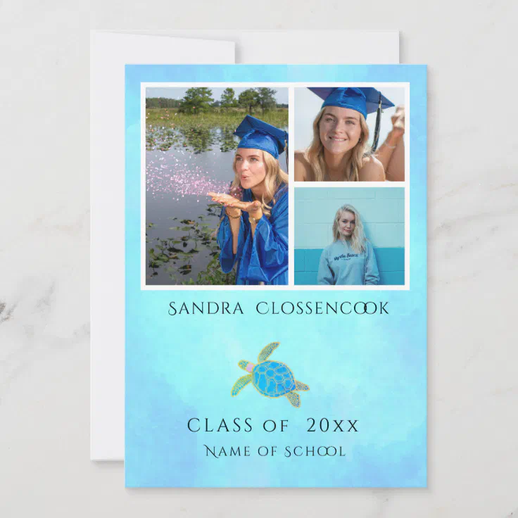 Photo Collage Nautical Sea Turtle Blue Graduation Announcement | Zazzle